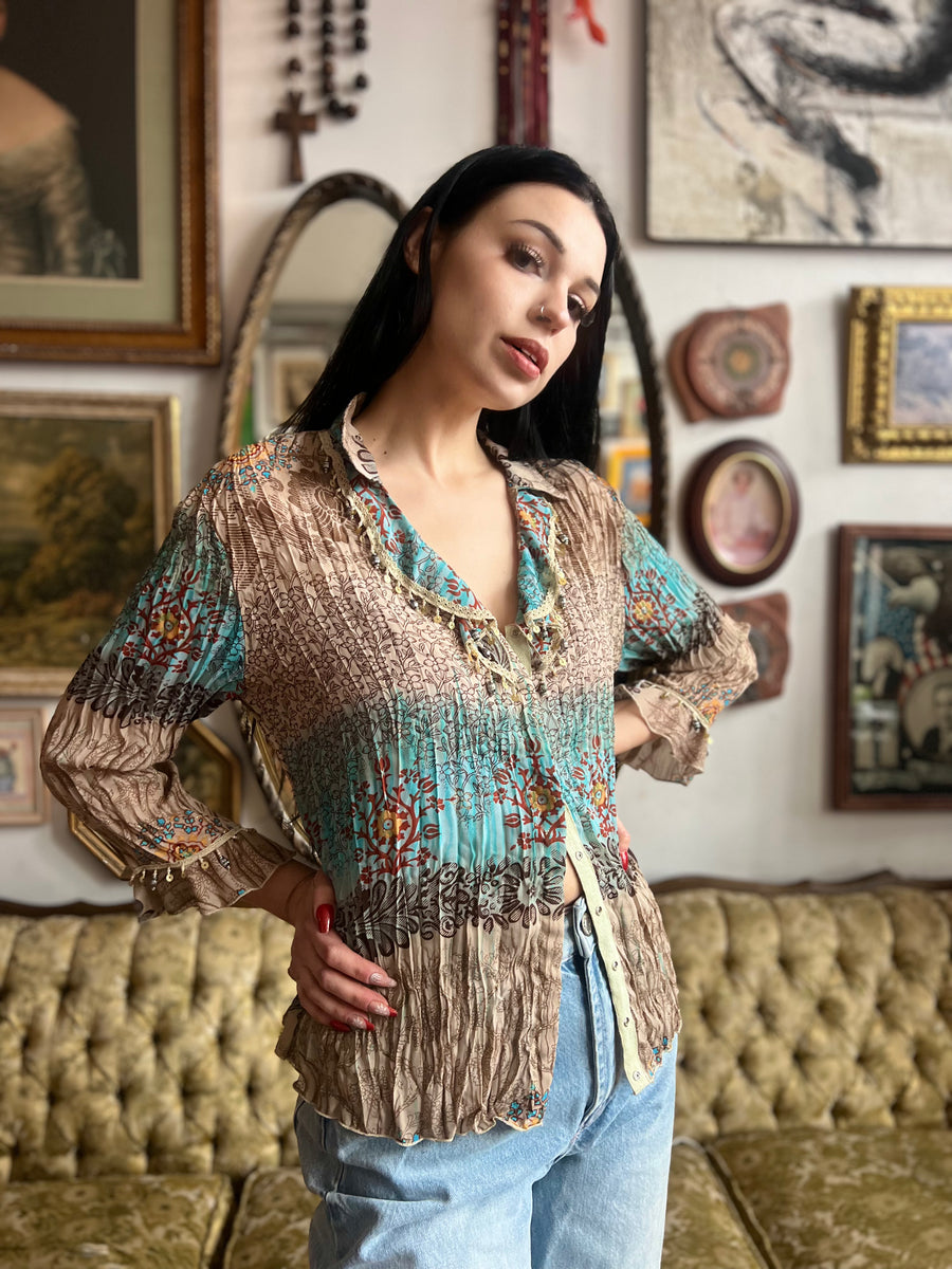 Y2K Cheryl Crow Boho Polyester All Over Print Lace Trim Beaded detail ...